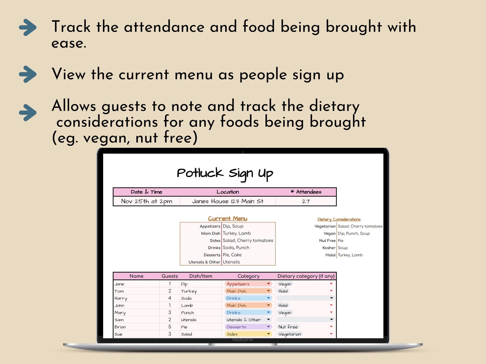 Potluck Signup Spreadsheet, Google Sheets, Friendsgiving, Thanksgiving Planner, Potluck Sign Up ...