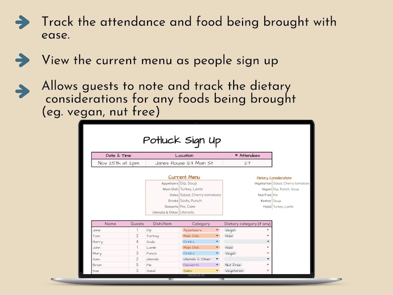 Potluck Sign-up Spreadsheet, Thanksgiving Planner (google Sheets ...