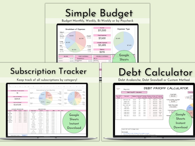 Budget Planner Bundle for Google Sheets, Subscription Tracker, Debt ...