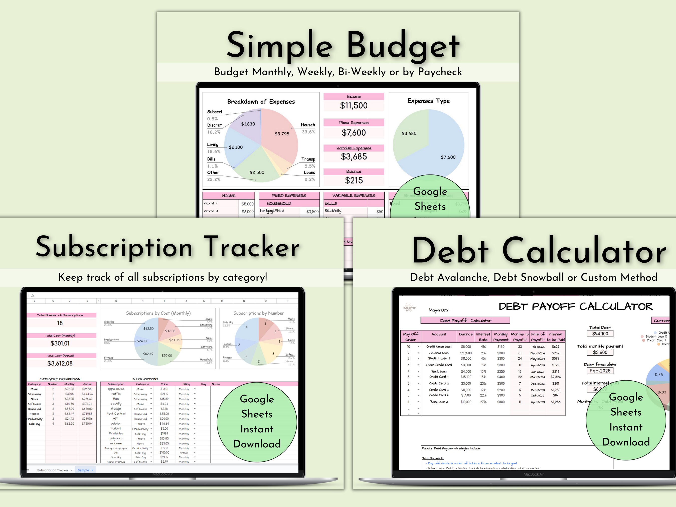 Budget Planner Bundle for Google Sheets, Subscription Tracker, Debt ...