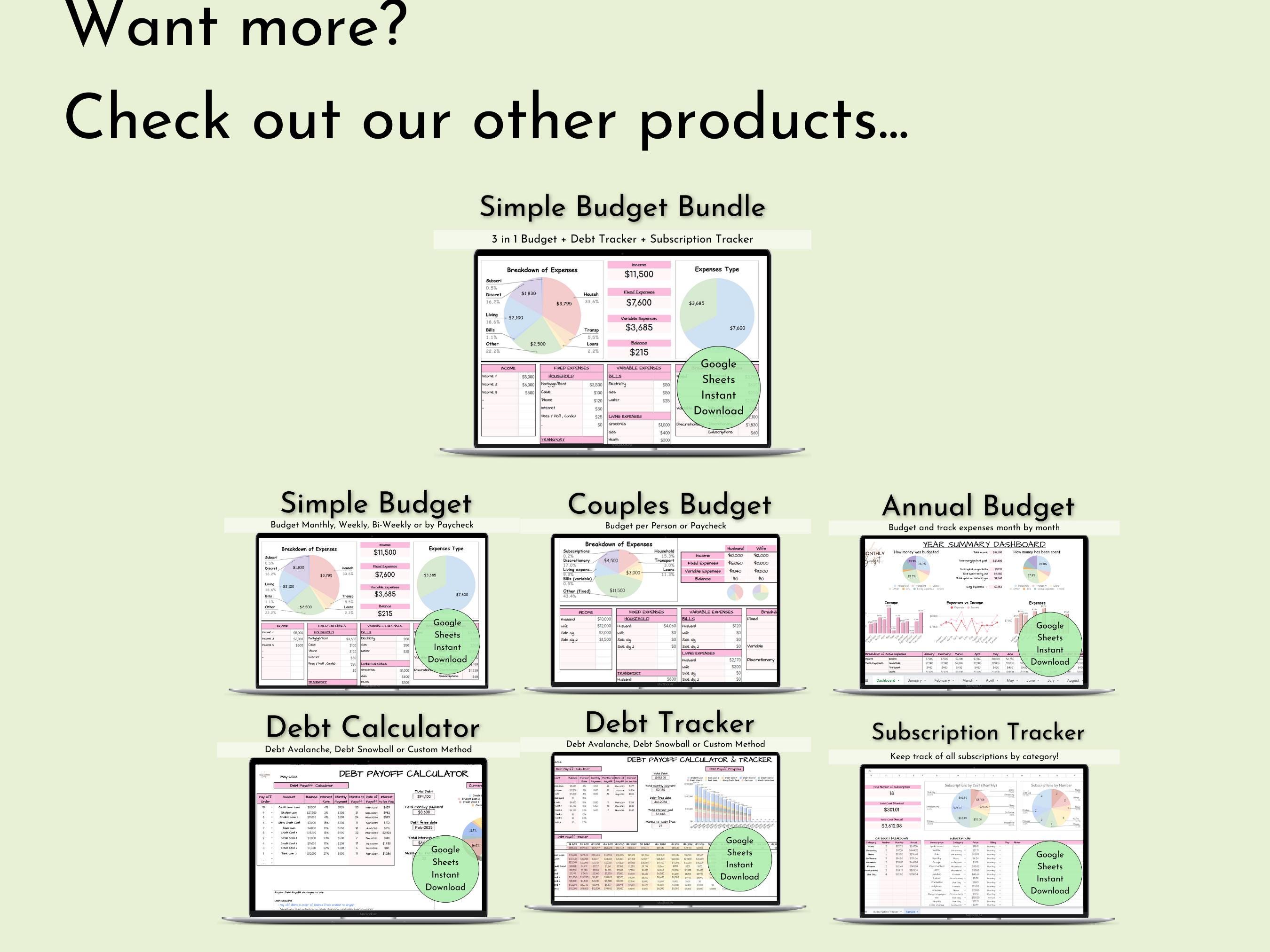 Budget Planner Bundle for Google Sheets, Subscription Tracker, Debt ...