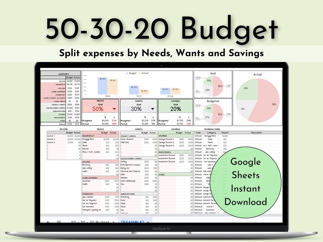 50-30-20 Planner for Google Sheets, Monthly Budget Template, Google ...
