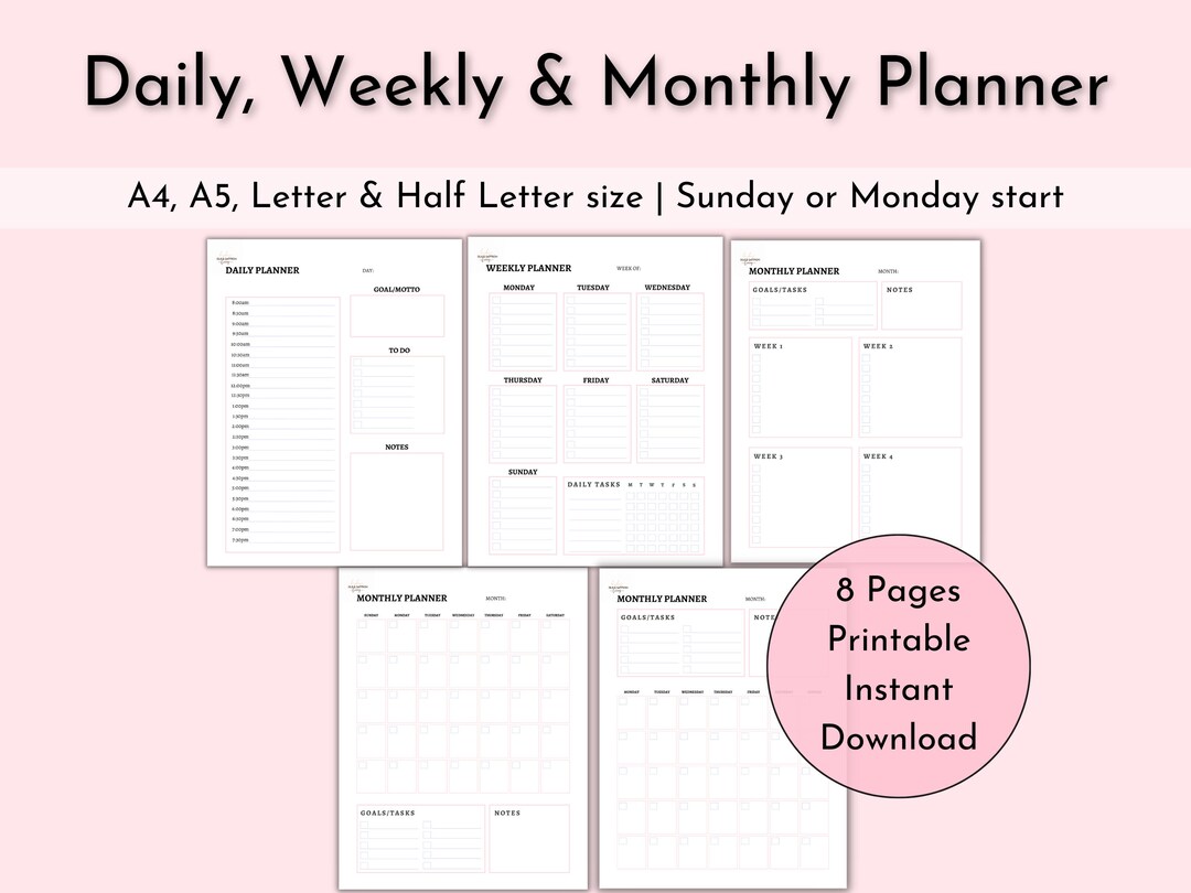 Daily, Weekly & Monthly Planner, Printable Planner, Planner Insert ...