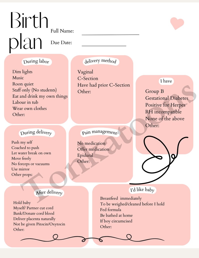 Simple Pink Girly Birth Plan Template - Etsy