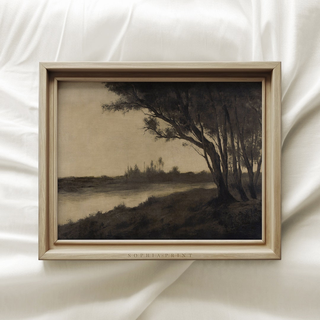 Rustic Landscape Art Print, Dark Scenery Drawing, Vintage Forest ...