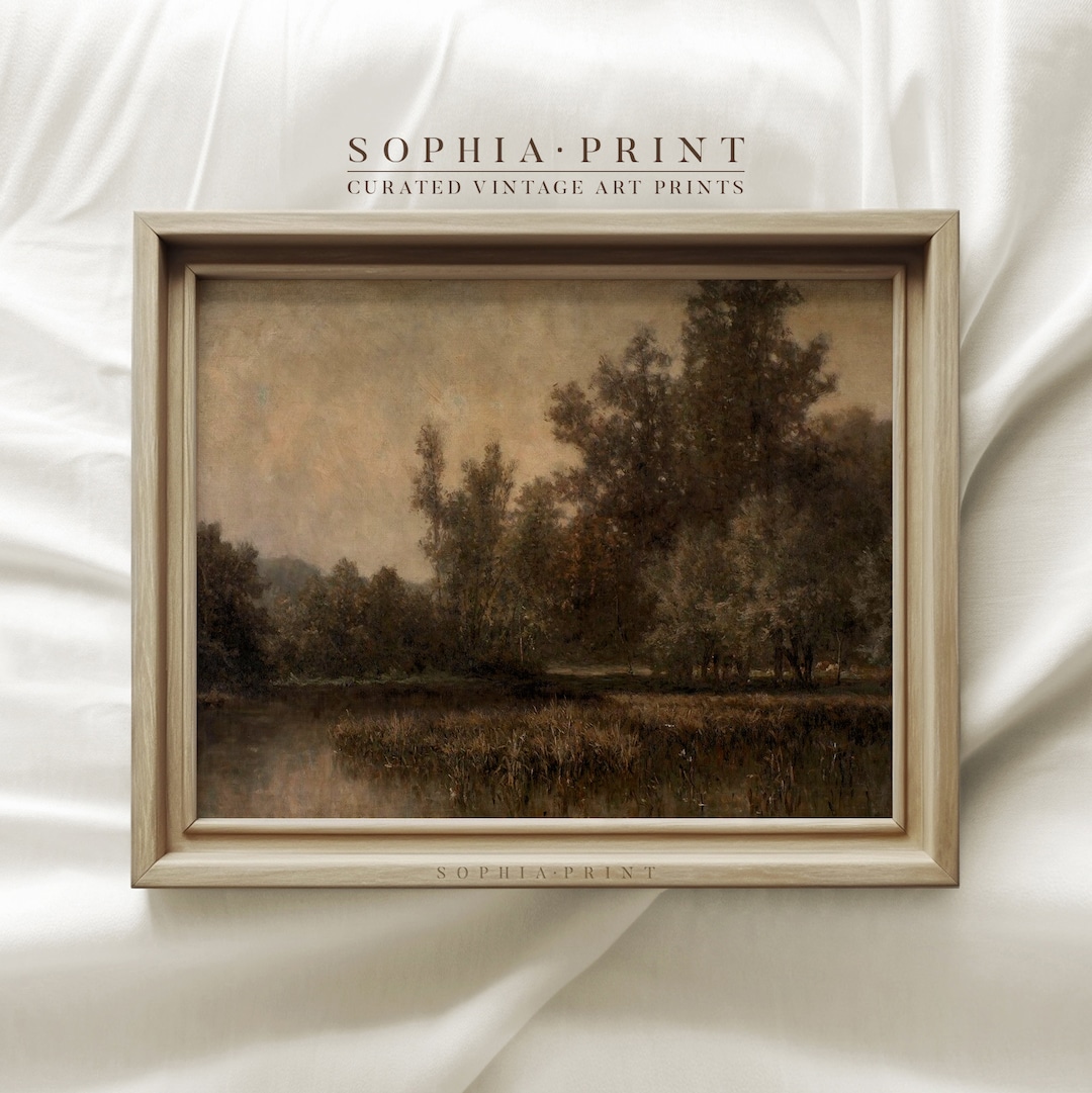 Vintage Dark Brown Landscape Print, Dark Moody Painting, Rustic Wall ...