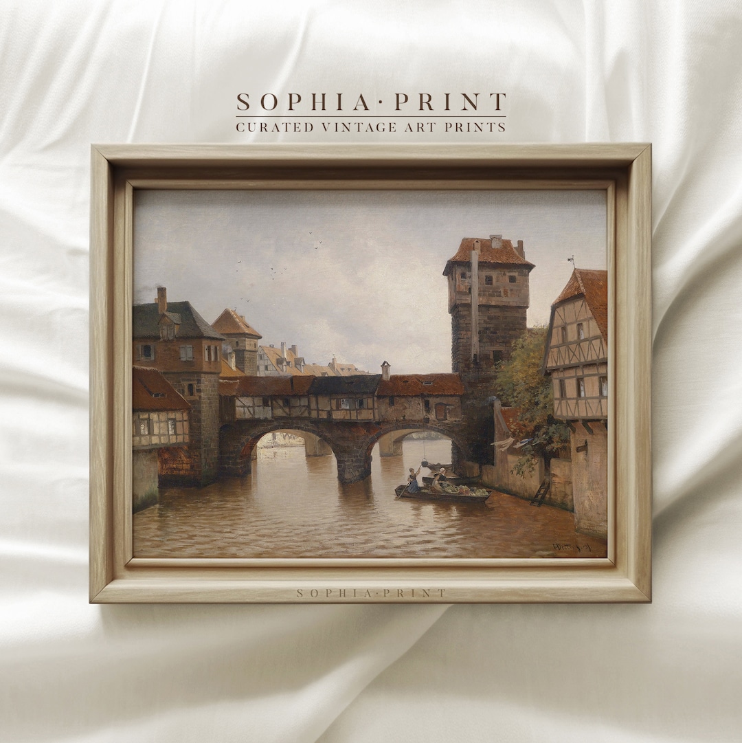 Vintage Bridge Painting Art Print, People Travelling Under the Bridge ...