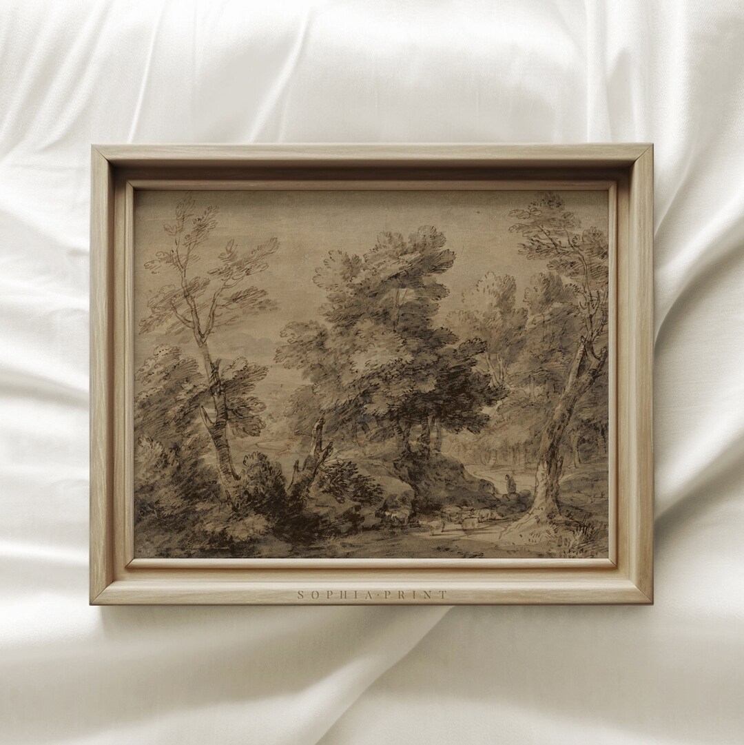 Rustic Landscape Art Print, Dark Scenery Sketch, Vintage Forest ...