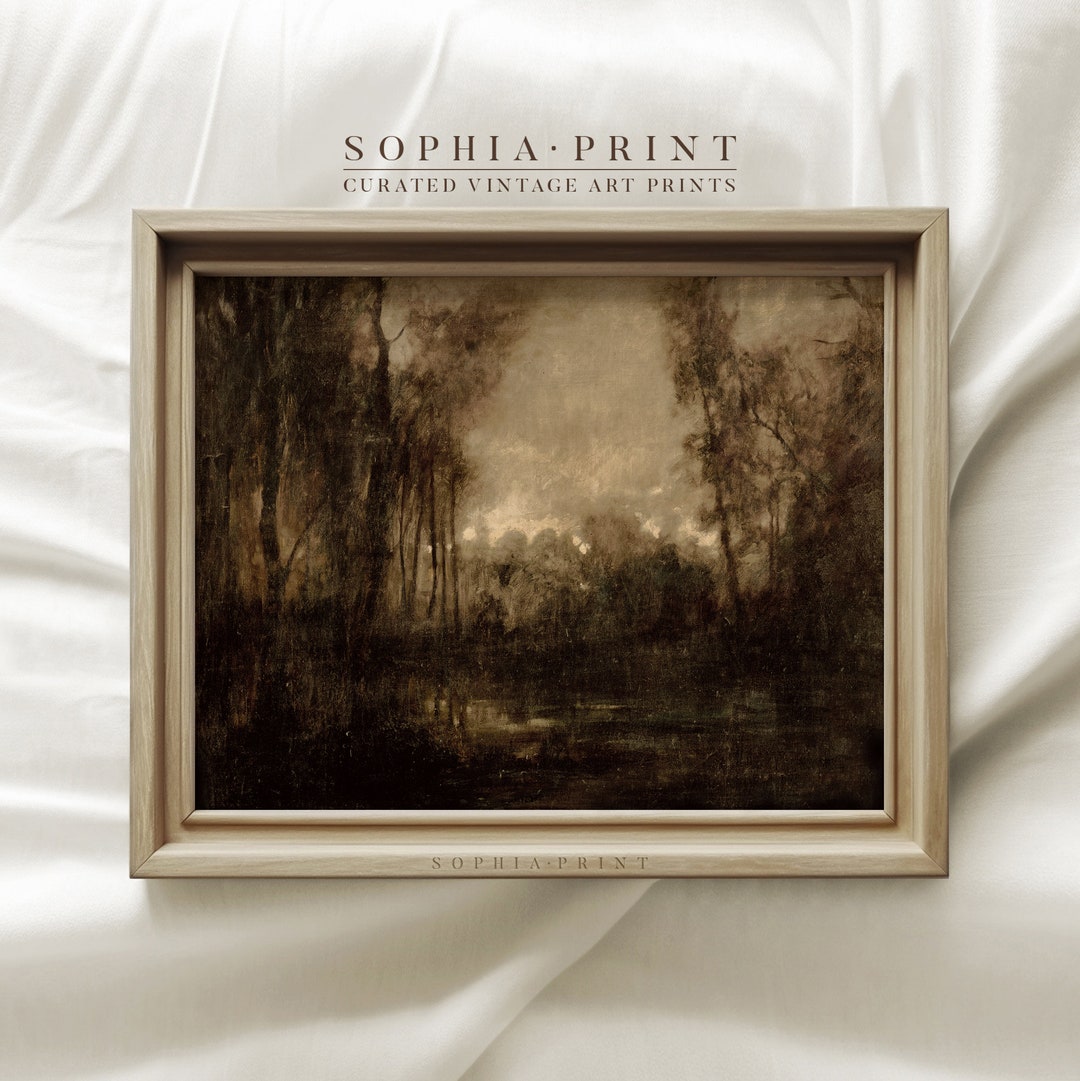 Vintage Dark Brown Landscape Print, Dark Moody Painting, Rustic Wall ...