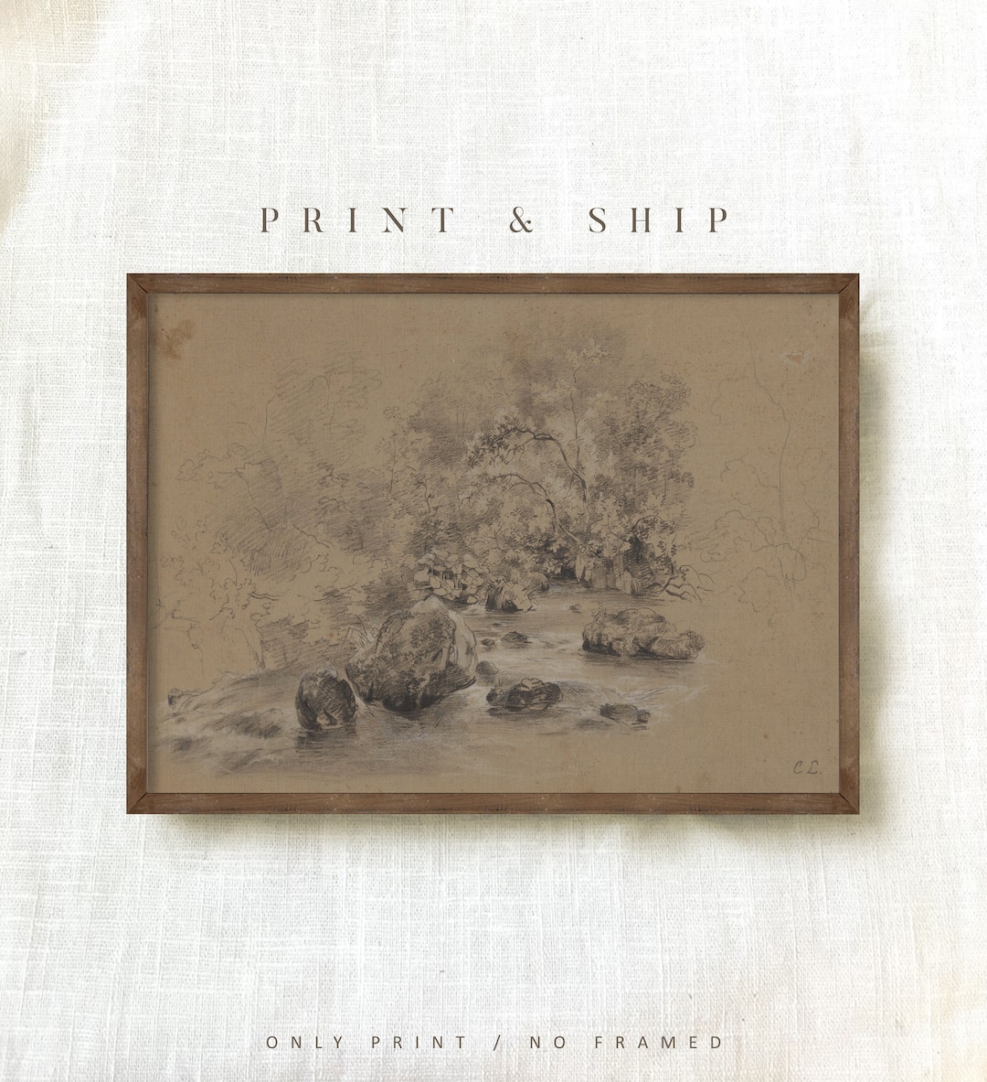 Vintage Landscape Sketch Art, Antique Line Drawing, Neutral Art Print ...