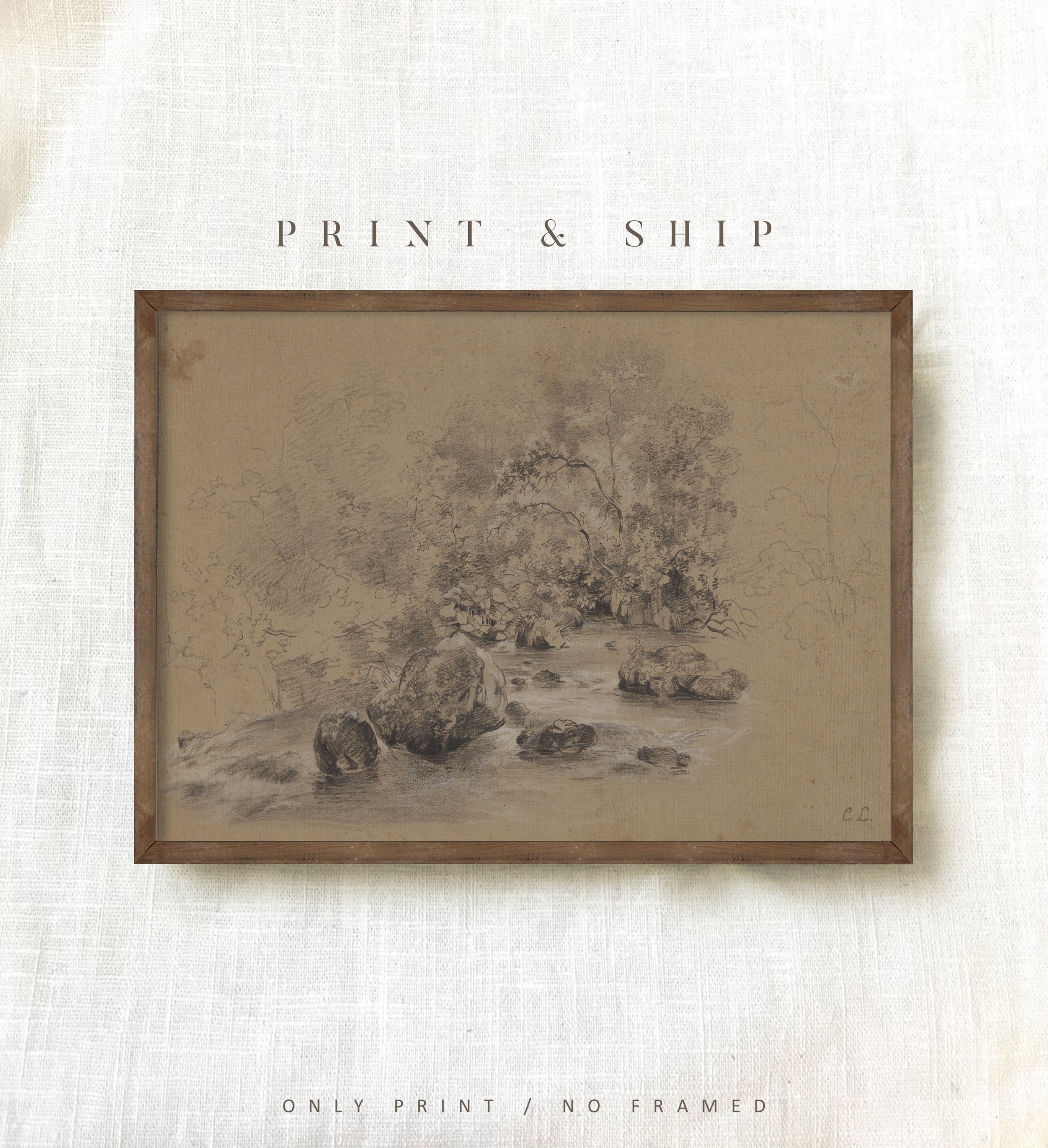 Vintage Landscape Sketch Art Antique Line Drawing Neutral - Etsy