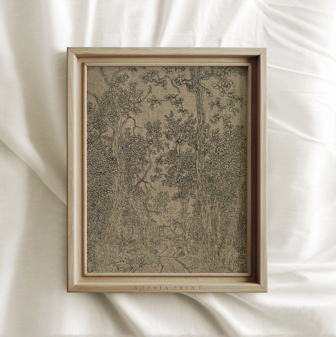 Ink Sketch Vintage Print, Antique Textile Wall Art, Forest Drawing ...