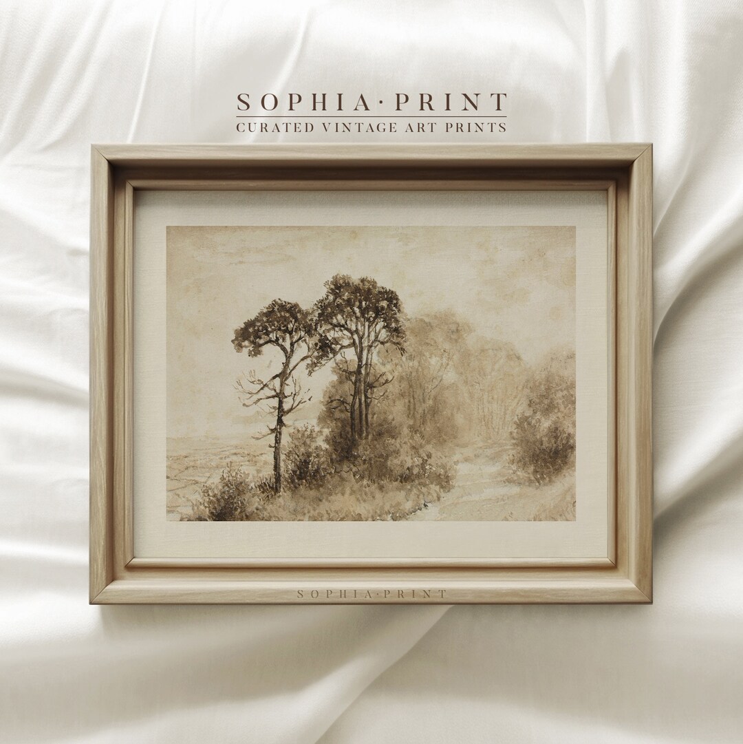 Vintage Landscape Drawing Print, Forest Skecth Art, Sepia Tone, Moody ...
