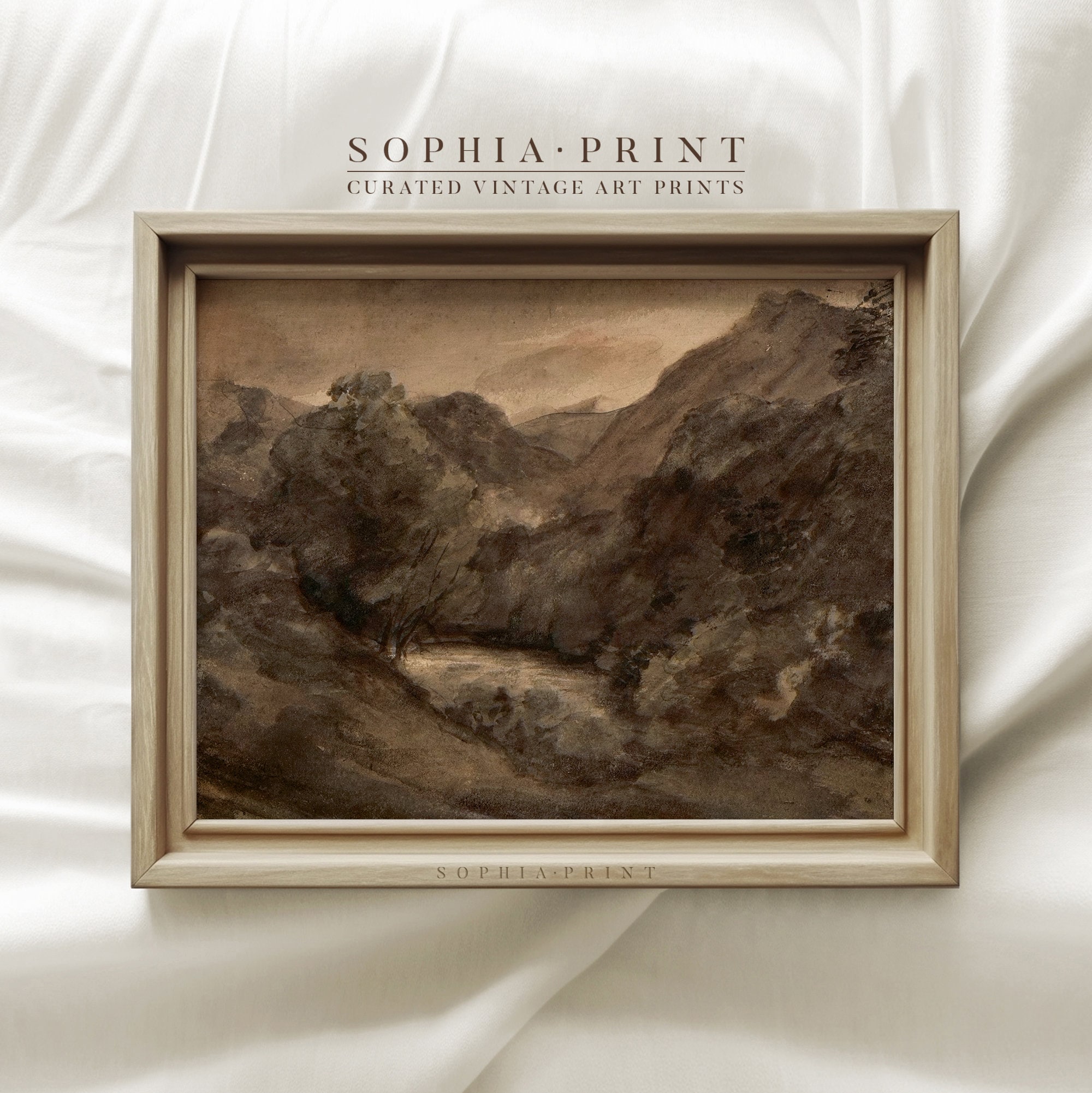 Vintage Brown Landscape Print, Rustic Wall Art, Dark Moody Painting ...