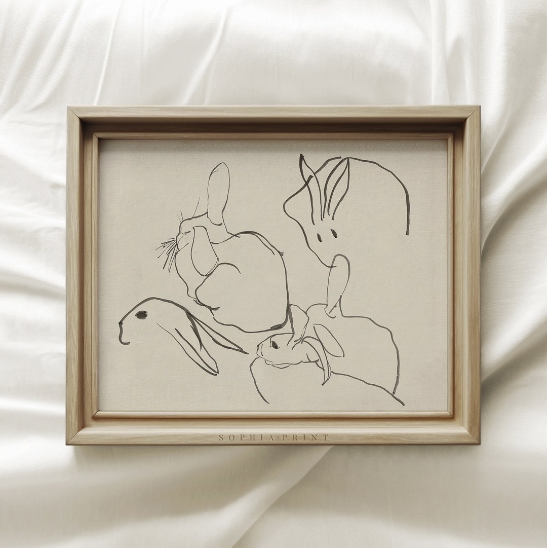 Rabbit Drawings, Rabbit Line Art, Vintage Landscape Sketch Art, Vintage ...