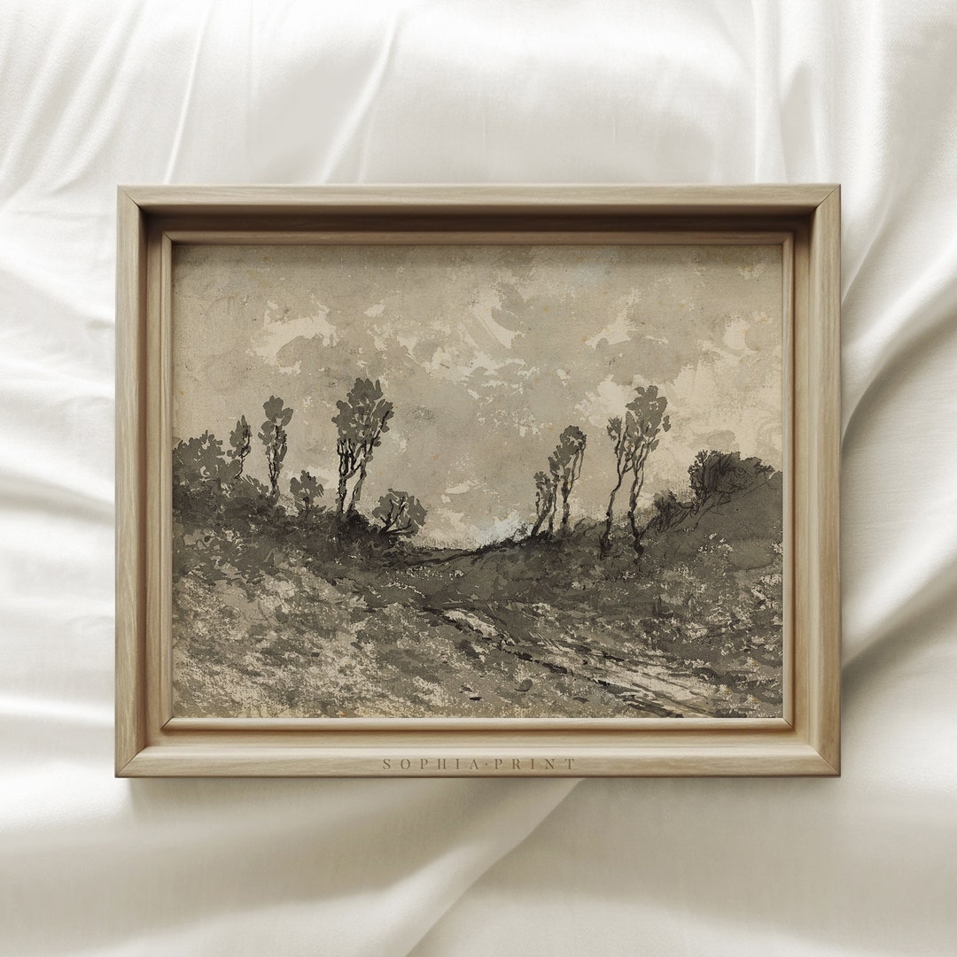 Vintage Ink Landscape Drawing Print, Neutral Watercolor Forest Painting ...