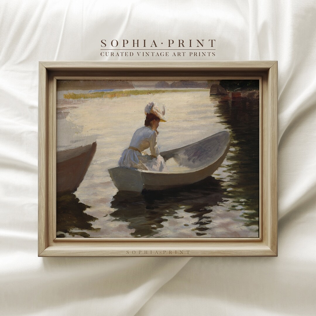 Woman Sitting on Raft Art Print, Woman Sitting Painting Print, Vintage ...