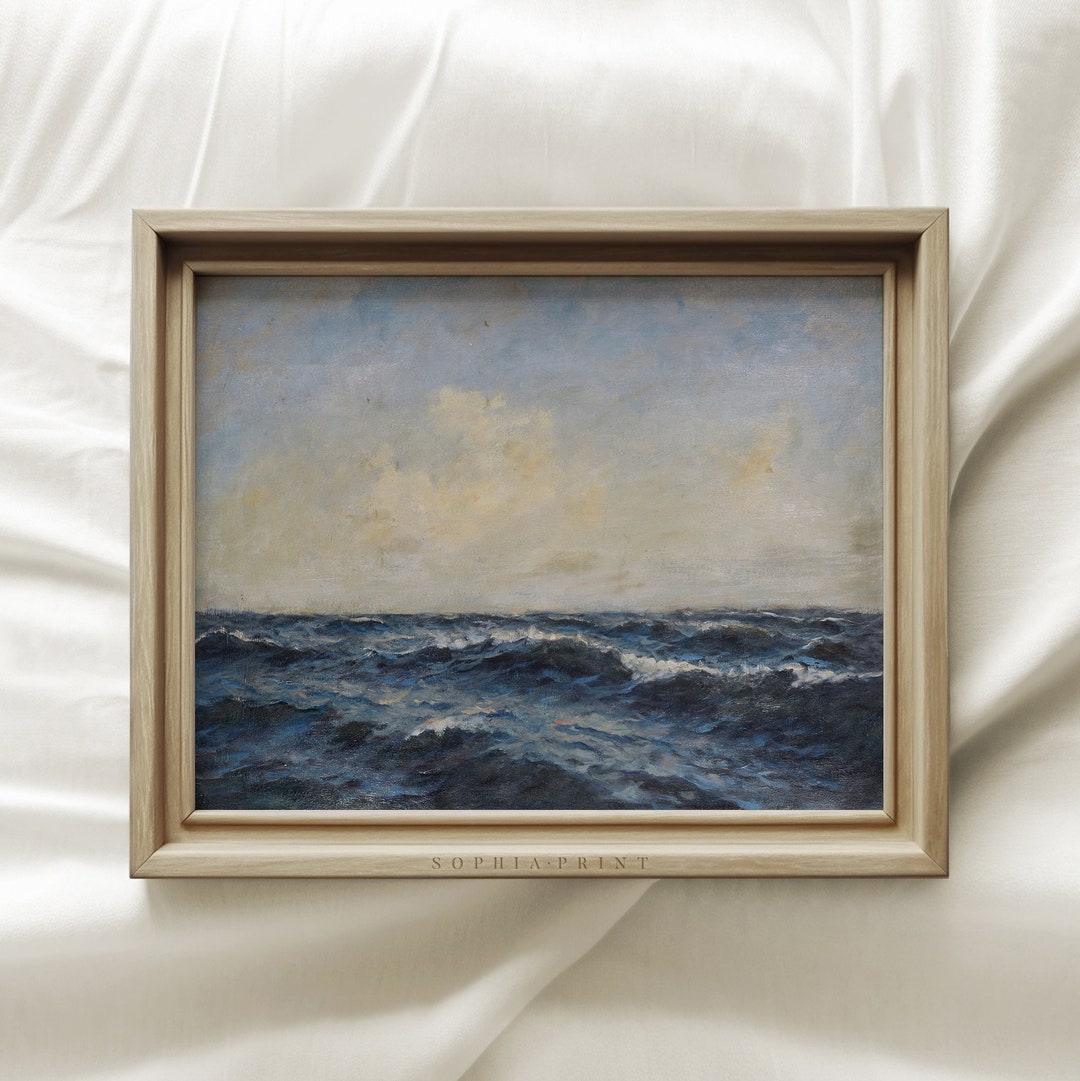 Vintage Blue Ocean Print, Nautical Decor, Bathroom Wall Decor, Ocean ...