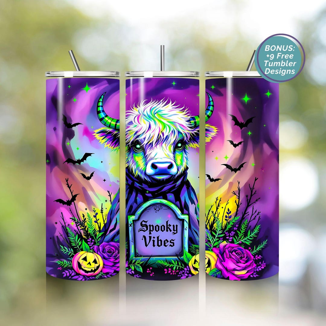 Cute Ghoul Halloween Highland Cow Tumbler Wrap, Spooky 20oz Skinny ...