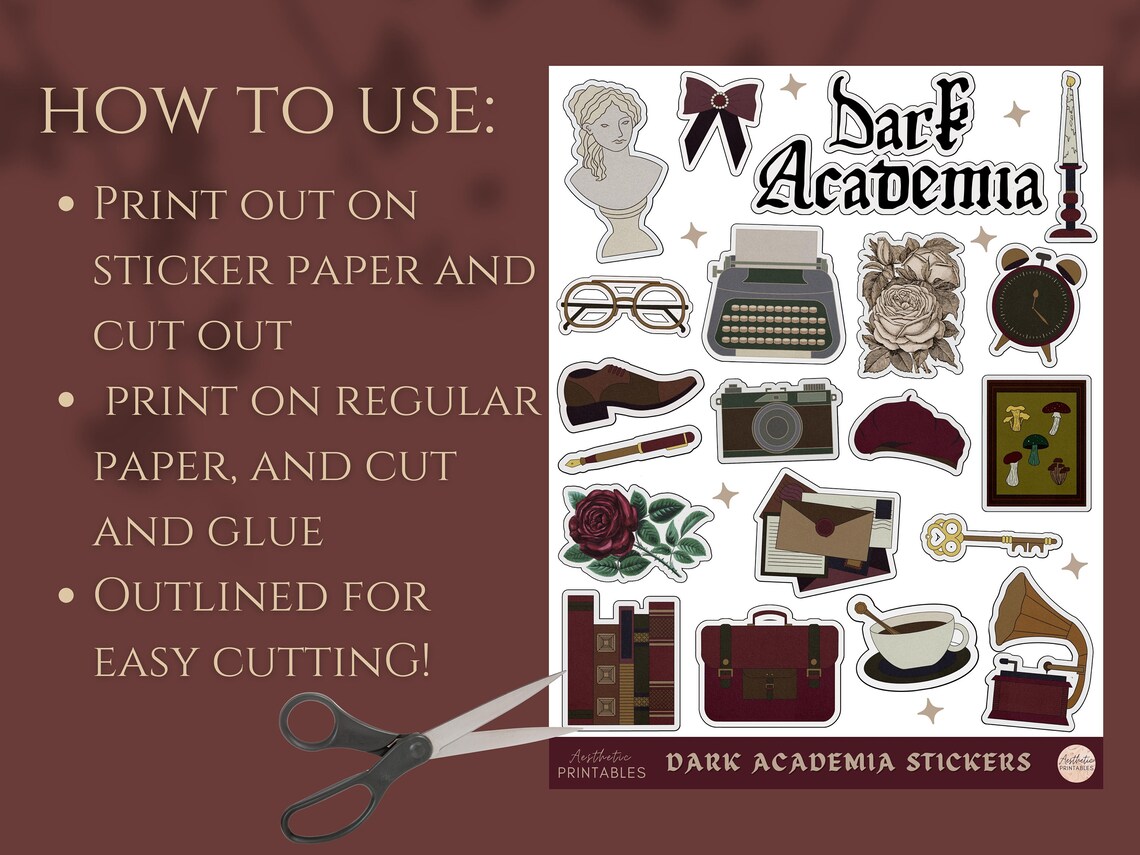 Dark Academia Stickers, Printable Sticker Sheet, Journal Stickers, Book ...