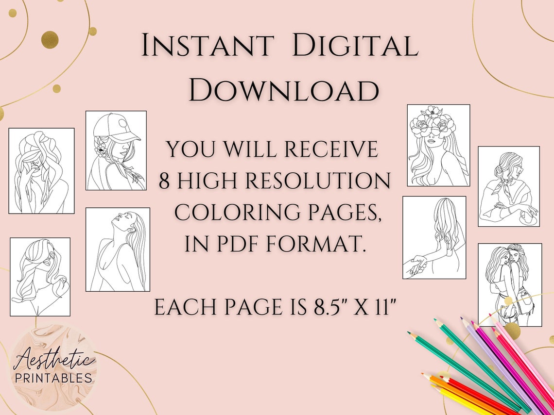 Aesthetic Coloring Pages, Bundle Printable, Aesthetic Girl Coloring ...