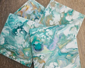 Light and Bright Set of 4 Acrylic Pour, Fluid Art Coasters W/ Holder - Etsy
