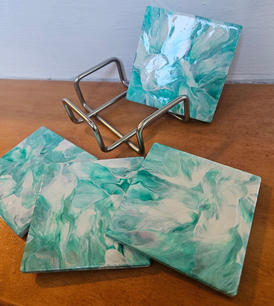 Light and Bright Set of 4 Acrylic Pour, Fluid Art Coasters W/ Holder - Etsy