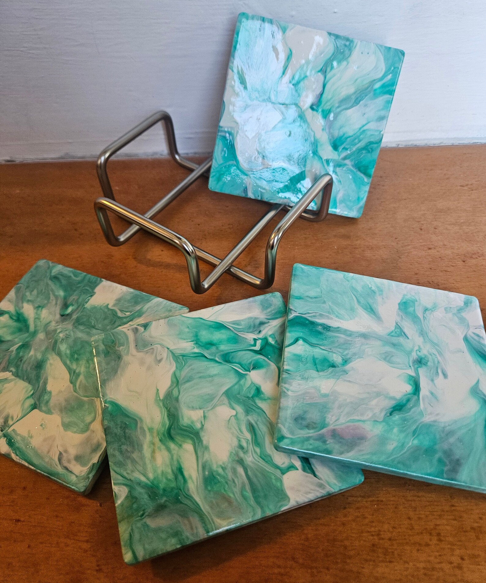 Light and Bright Set of 4 Acrylic Pour, Fluid Art Coasters W/ Holder - Etsy