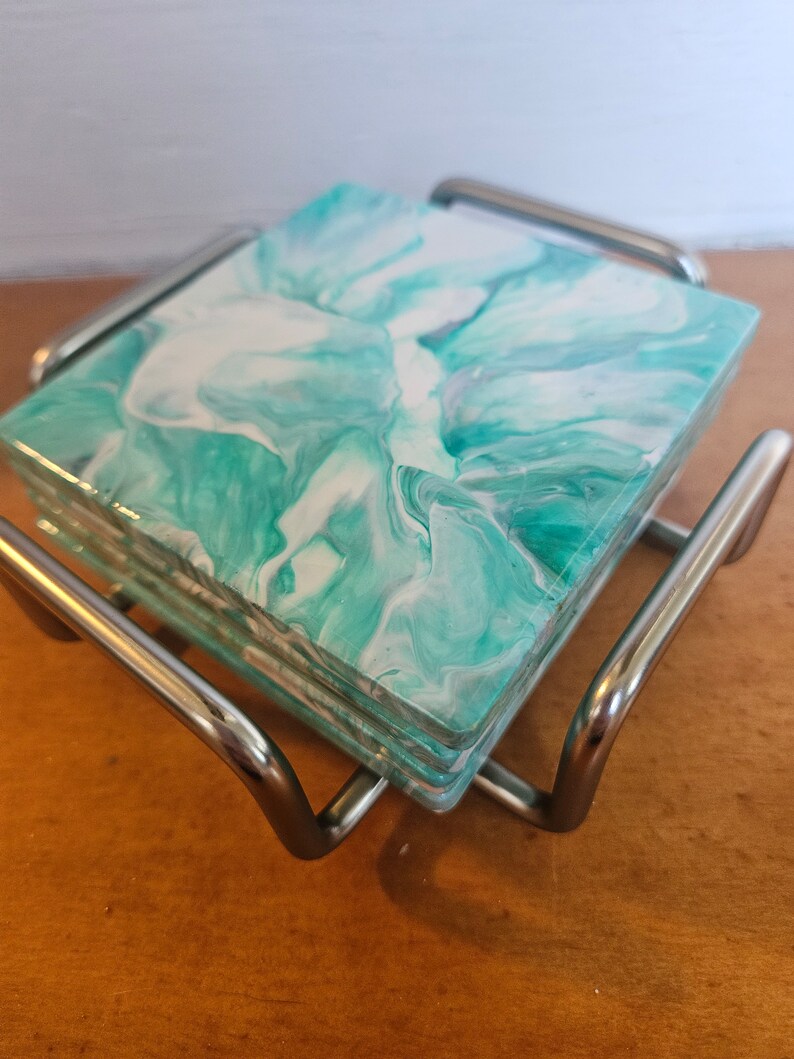 Light and Bright Set of 4 Acrylic Pour, Fluid Art Coasters W/ Holder - Etsy