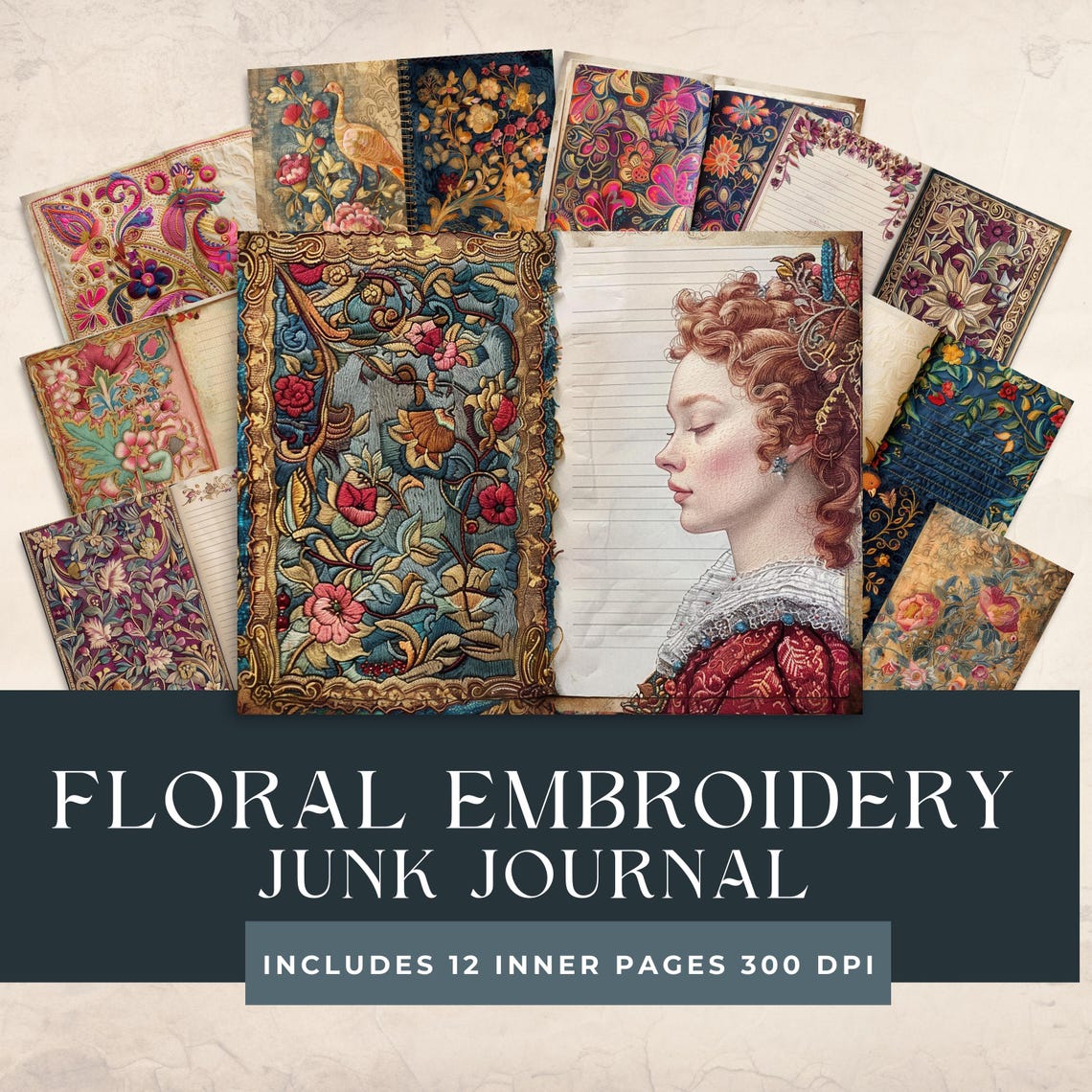 Digital Junk Journal Floral Embroidery Decorative Digital Junk Journal ...