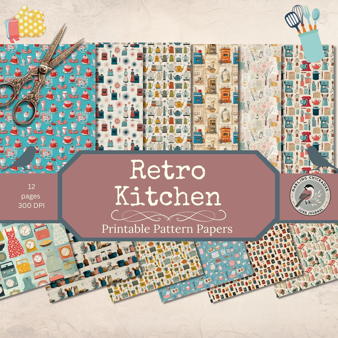 Retro Kitchen Printable Pattern Papers | Vintage Cooking Backgrounds ...