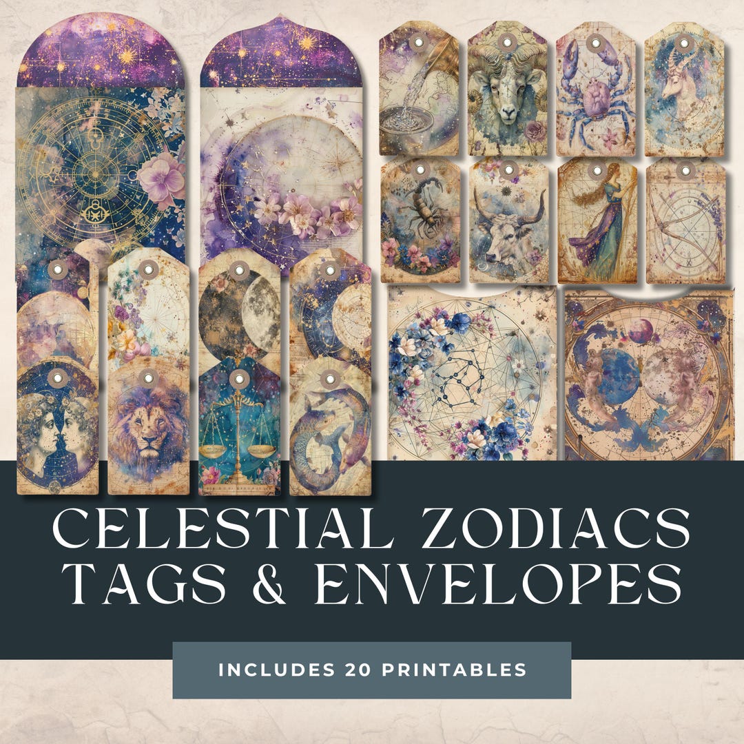Celestial Zodiacs Junk Journal Tags Envelopes | Astrology Printables ...