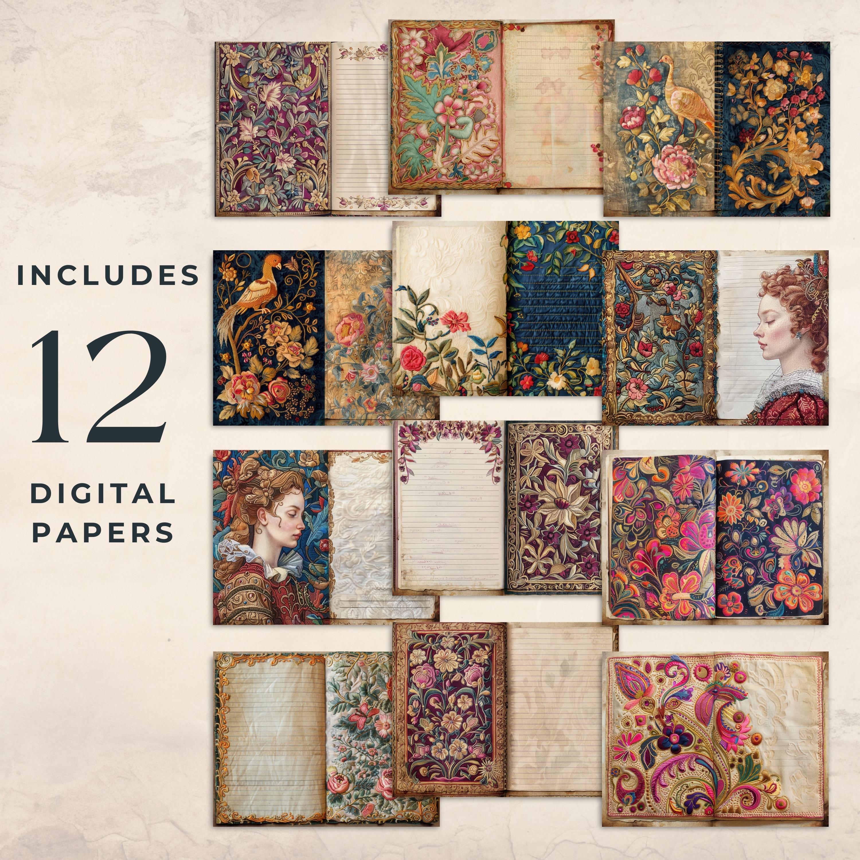 Digital Junk Journal Floral Embroidery Decorative Digital Junk Journal ...