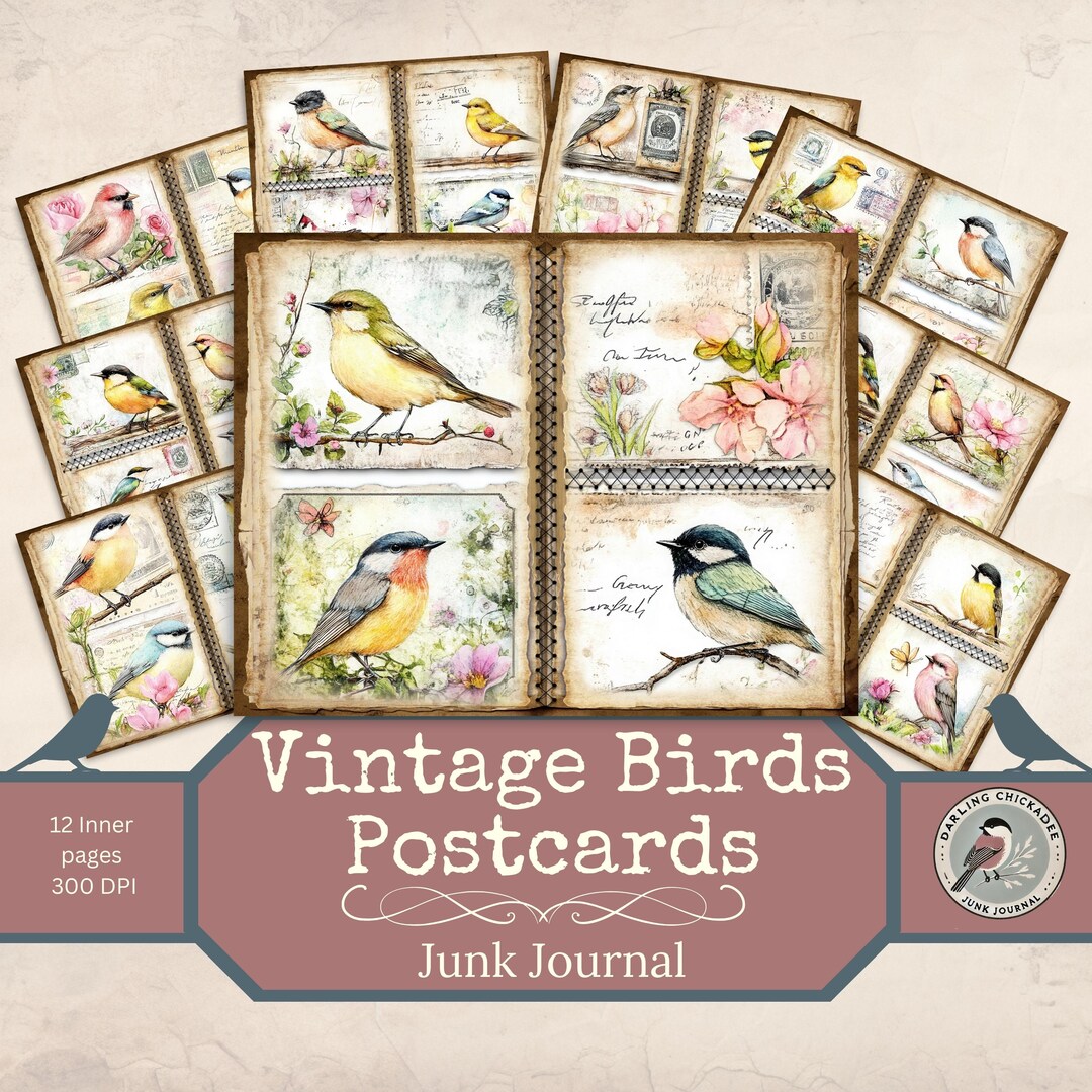 Vintage Birds Postcards Junk Journal Kit | Printable Ephemera for Junk ...