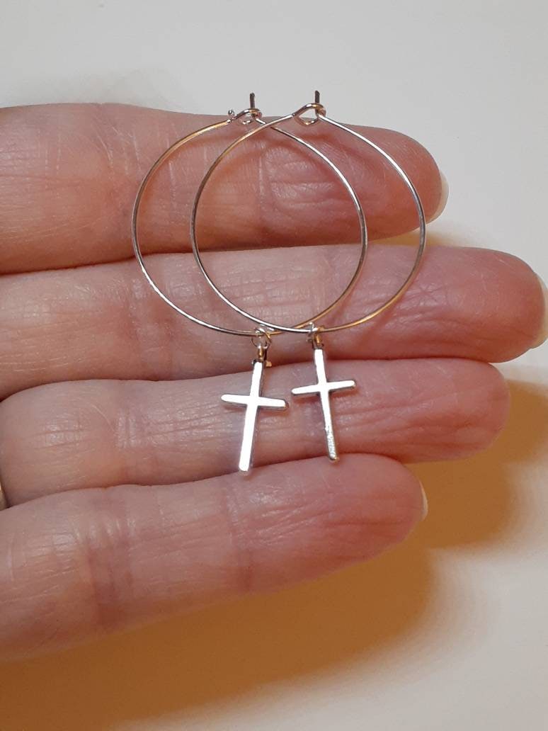 Silver Cross Hoop Earrings, Hoops, Cross Hoops, Hoop Earrings, Huggies ...