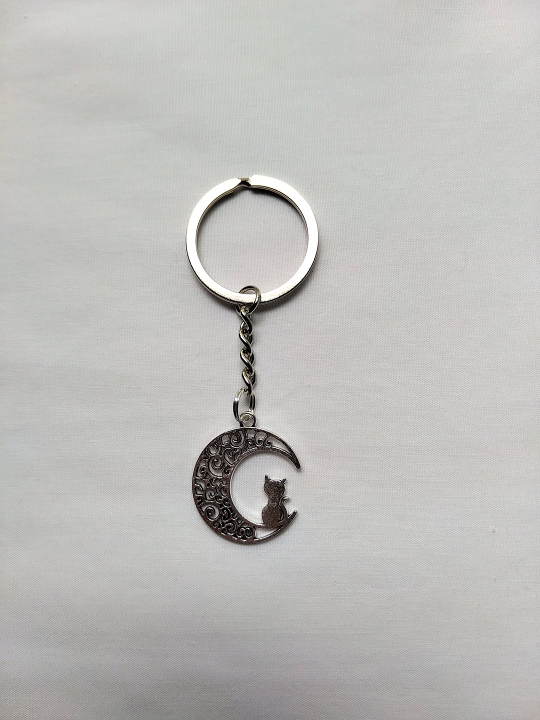 Silver Cat on Crescent Moon Keychain, Cat Keyring, Cat on Moon, Gift ...