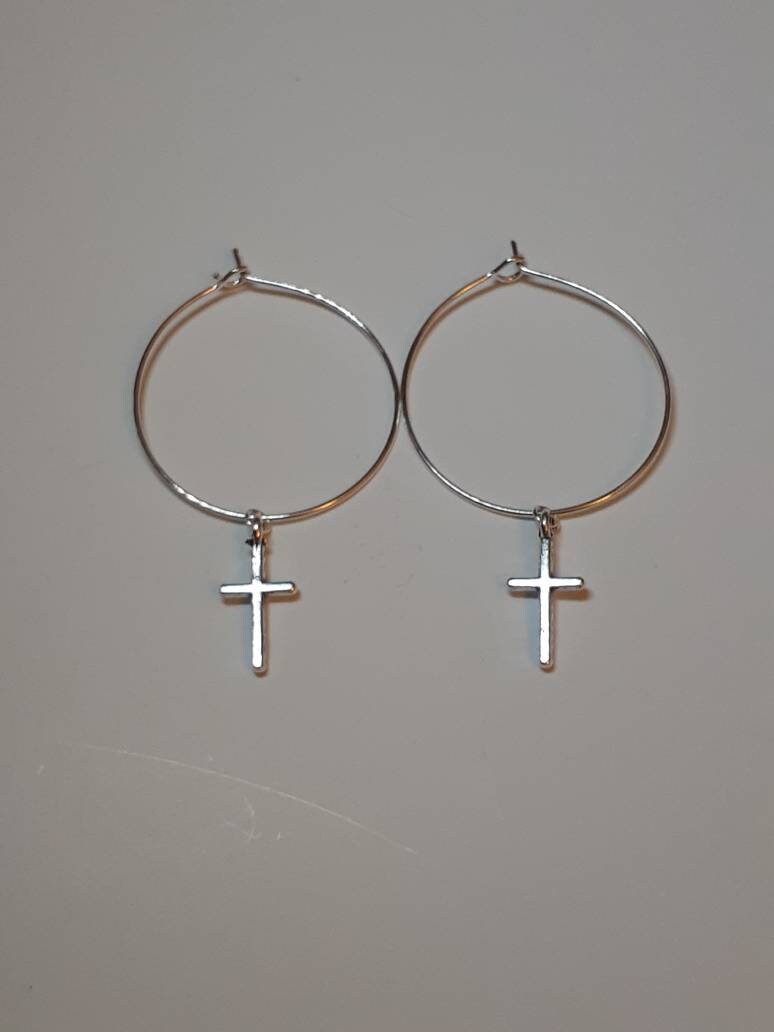 Silver Cross Hoop Earrings, Hoops, Cross Hoops, Hoop Earrings, Huggies ...