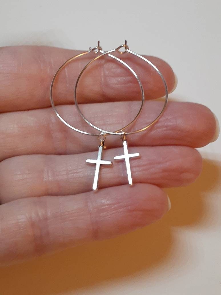 Silver Cross Hoop Earrings, Hoops, Cross Hoops, Hoop Earrings, Huggies ...