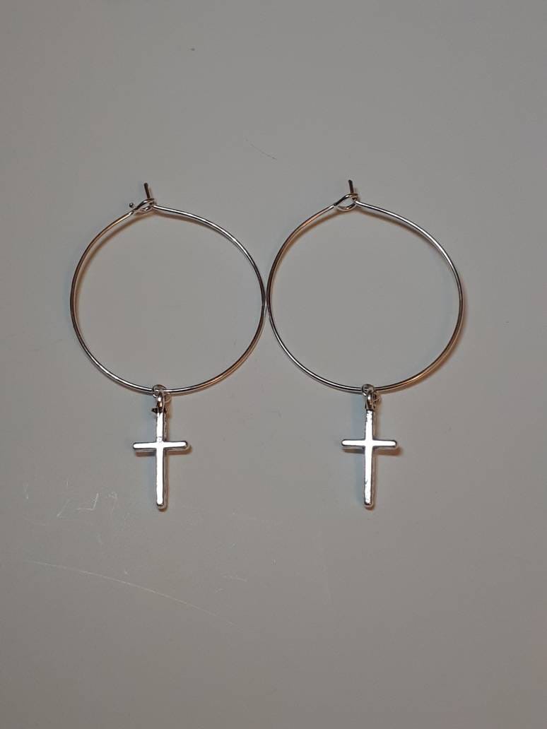 Silver Cross Hoop Earrings, Hoops, Cross Hoops, Hoop Earrings, Huggies ...