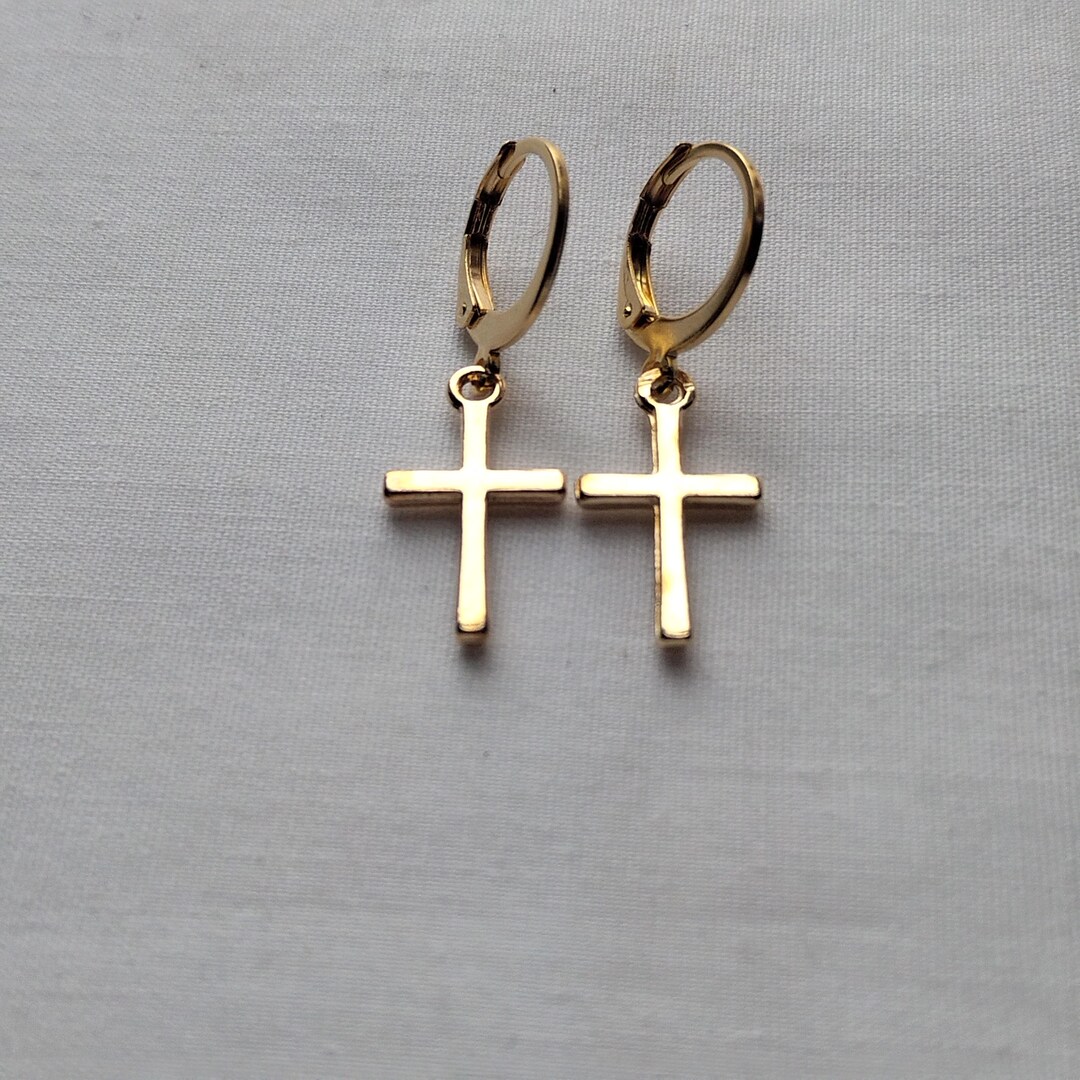 Gold Cross Huggie Hoops Earrings, Cross Dangle Hoops, Cross Hoops ...
