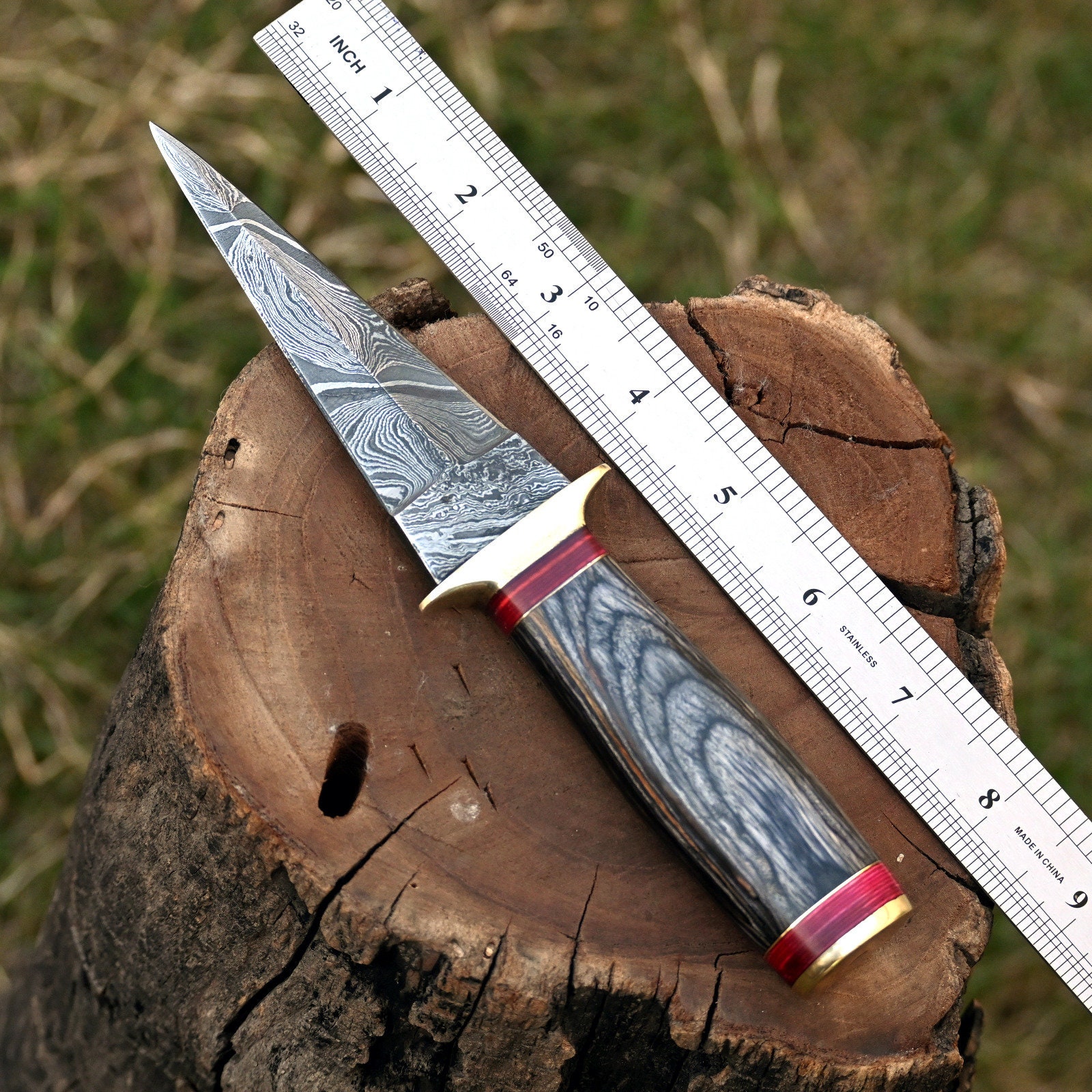Damascus Steel Boot Knife With Wood&brass Handle. - Etsy