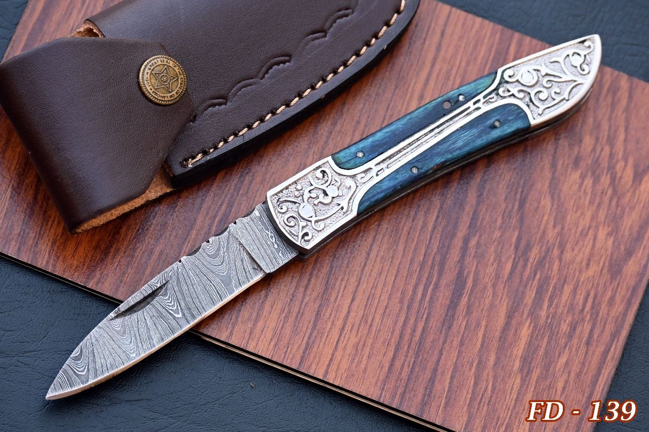 Damascus Steel Folding Knife With Wood Handle, FD 139 - Etsy