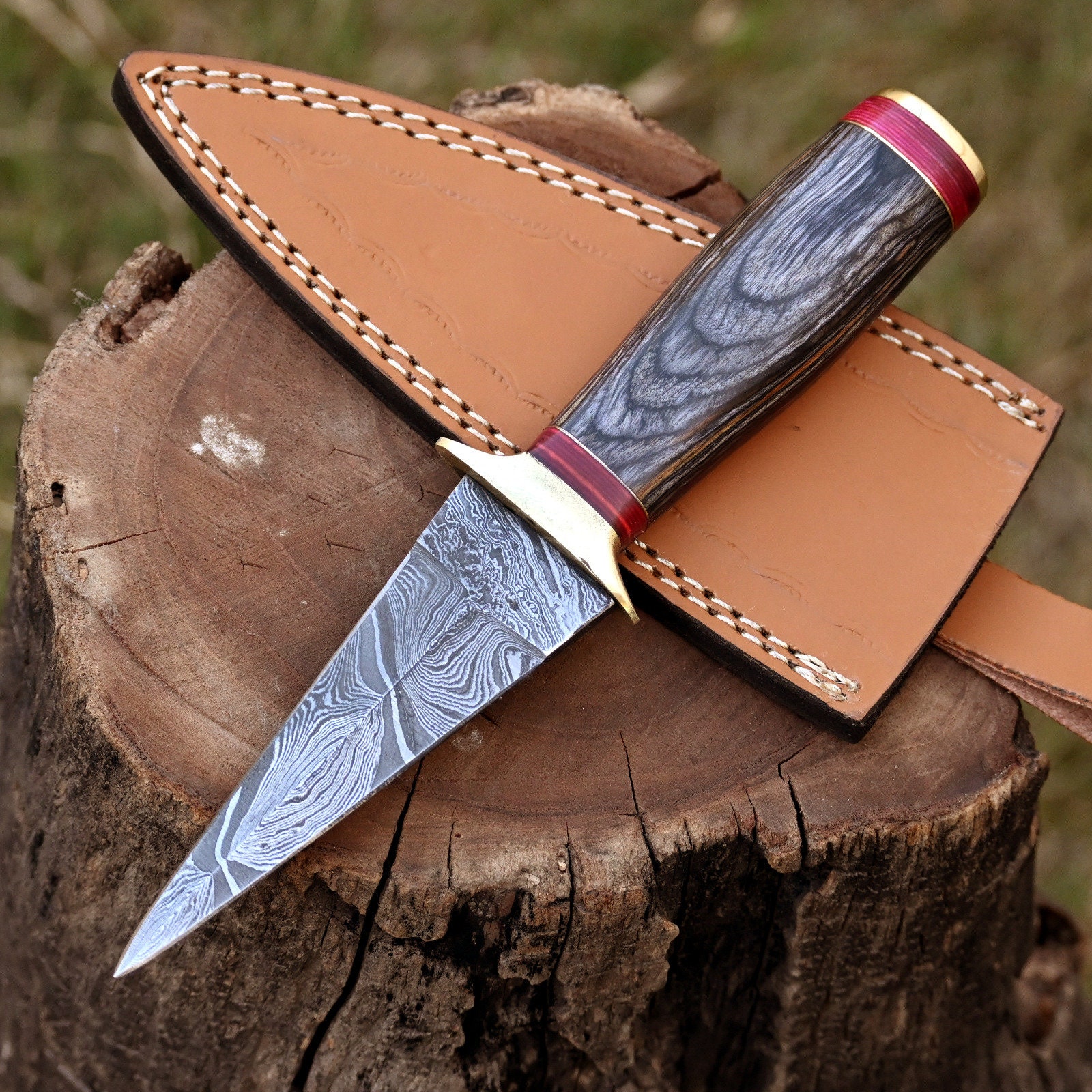 Damascus Steel Boot Knife With Wood&brass Handle. - Etsy