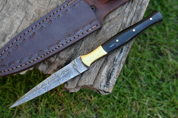 Damascus Steel Boot Hunting Knife With Brass Bolster & Bull - Etsy