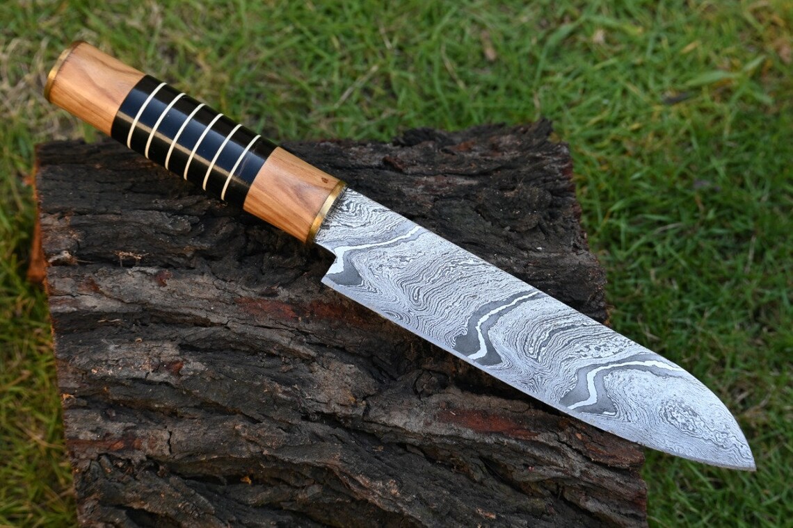 Damascus Steel Chef Knife With Wood & Bull Horn Handle, FD 67 - Etsy