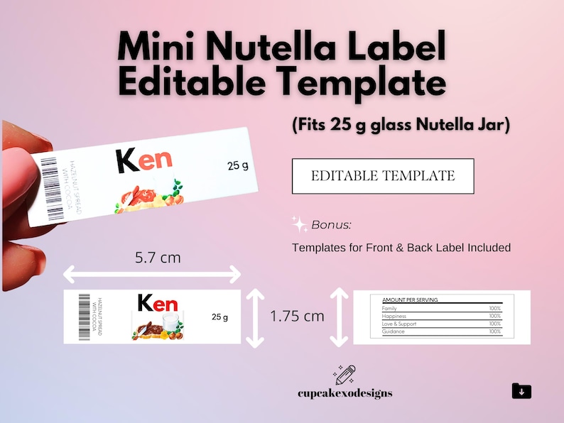 Mini Nutella Label Template - Editable Canva Template (fits 25 Gram Jar ...