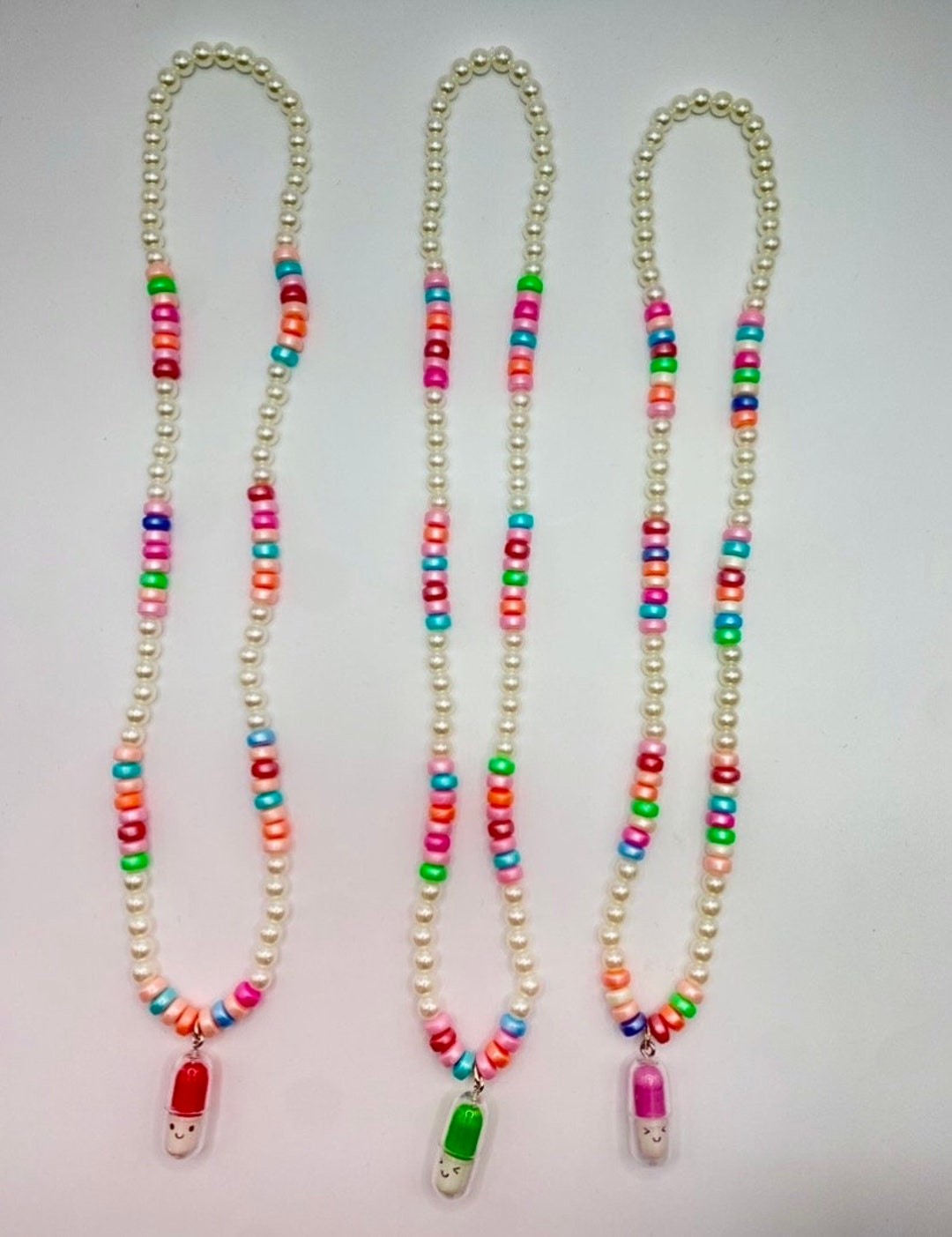 Handmade Happy Pill Necklace: Colorful Beaded Pearl Necklace - Etsy