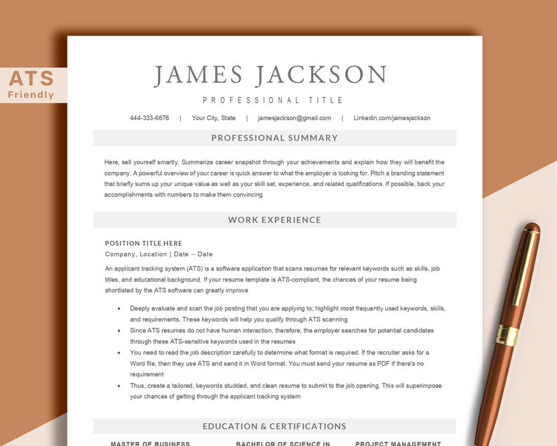 ATS Resume Template Word Pages & Google Docs Professional - Etsy