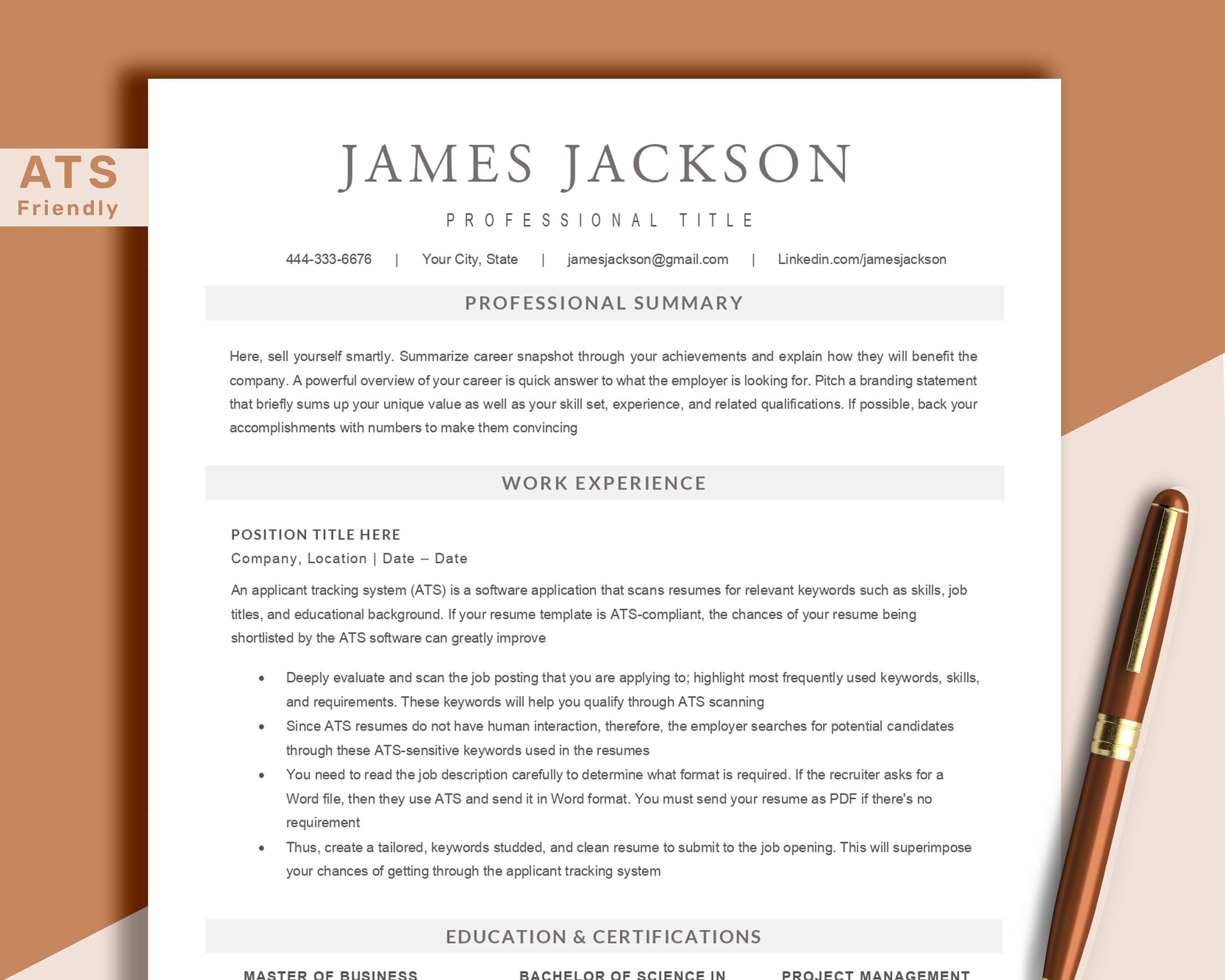 ATS Resume Template Word Pages & Google Docs Professional - Etsy