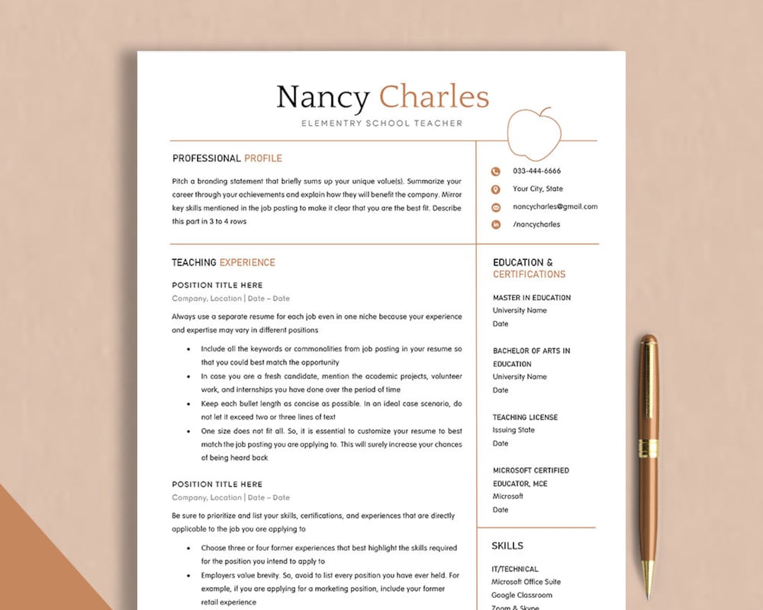 Modern Teacher Resume Template, Teacher Resume Template With Cover ...